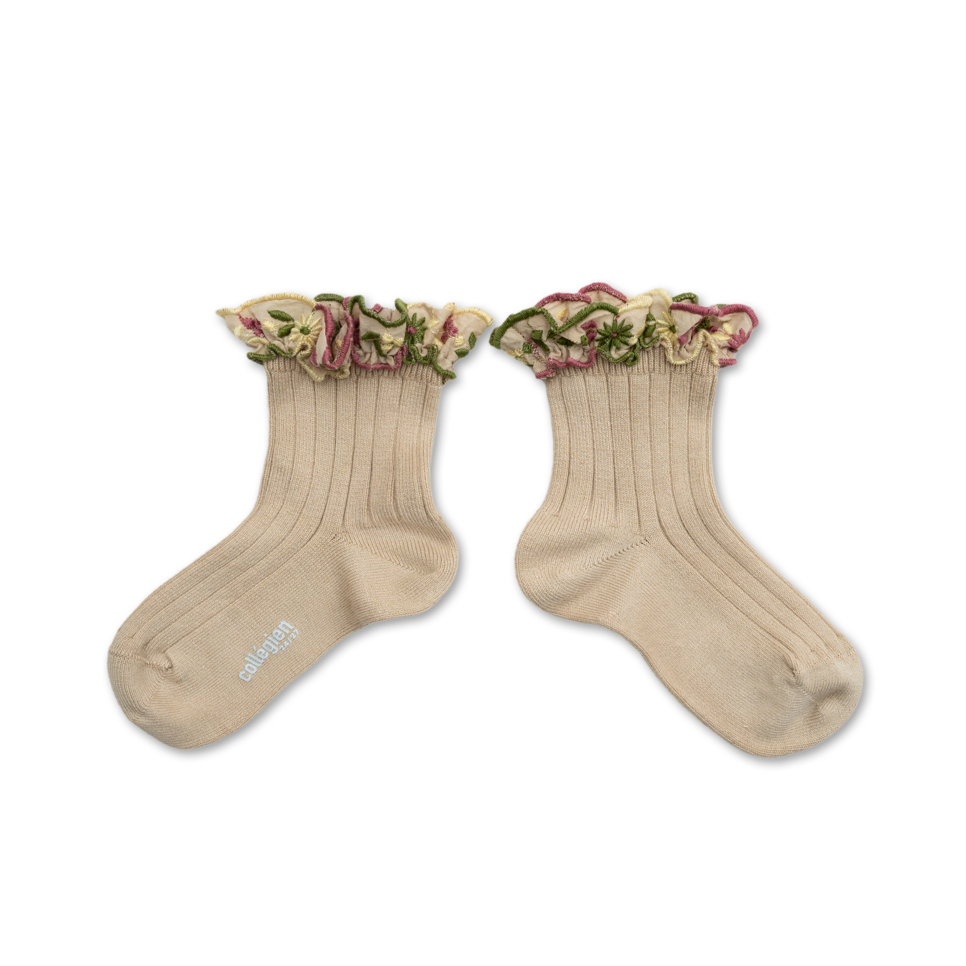 Anémone - Chaussettes courtes avec volant brodé fleurs - Sable