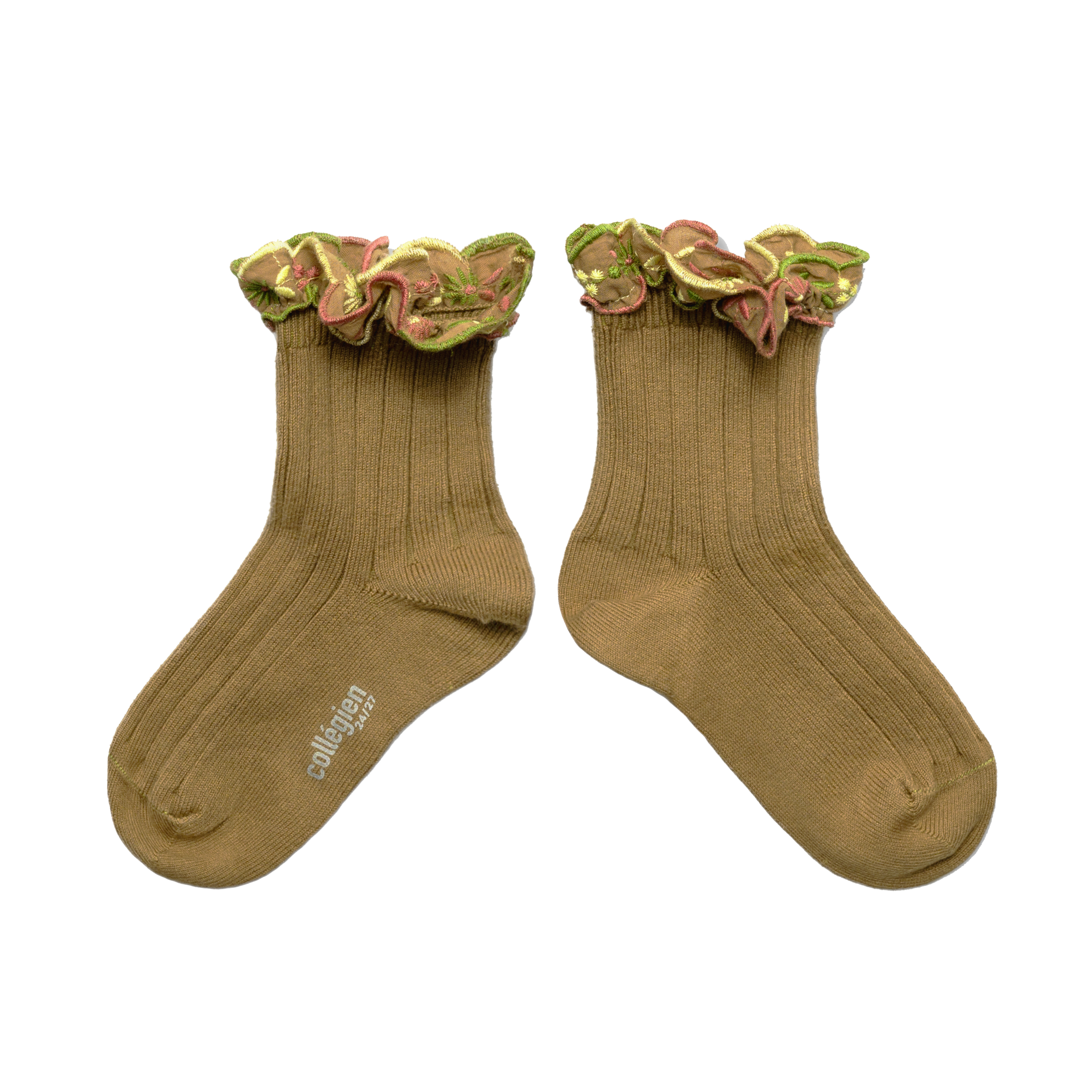 Anémone - Chaussettes courtes avec volant brodé fleurs - Biscuit