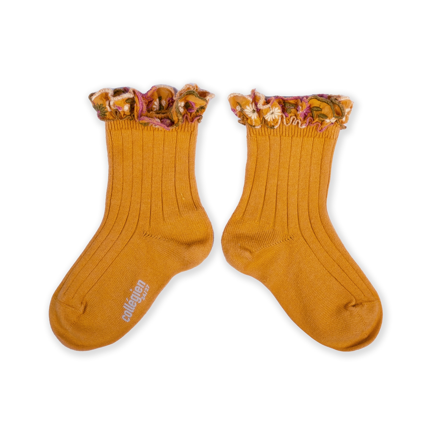 Anémone - Chaussettes courtes avec volant brodé fleurs - Curcuma