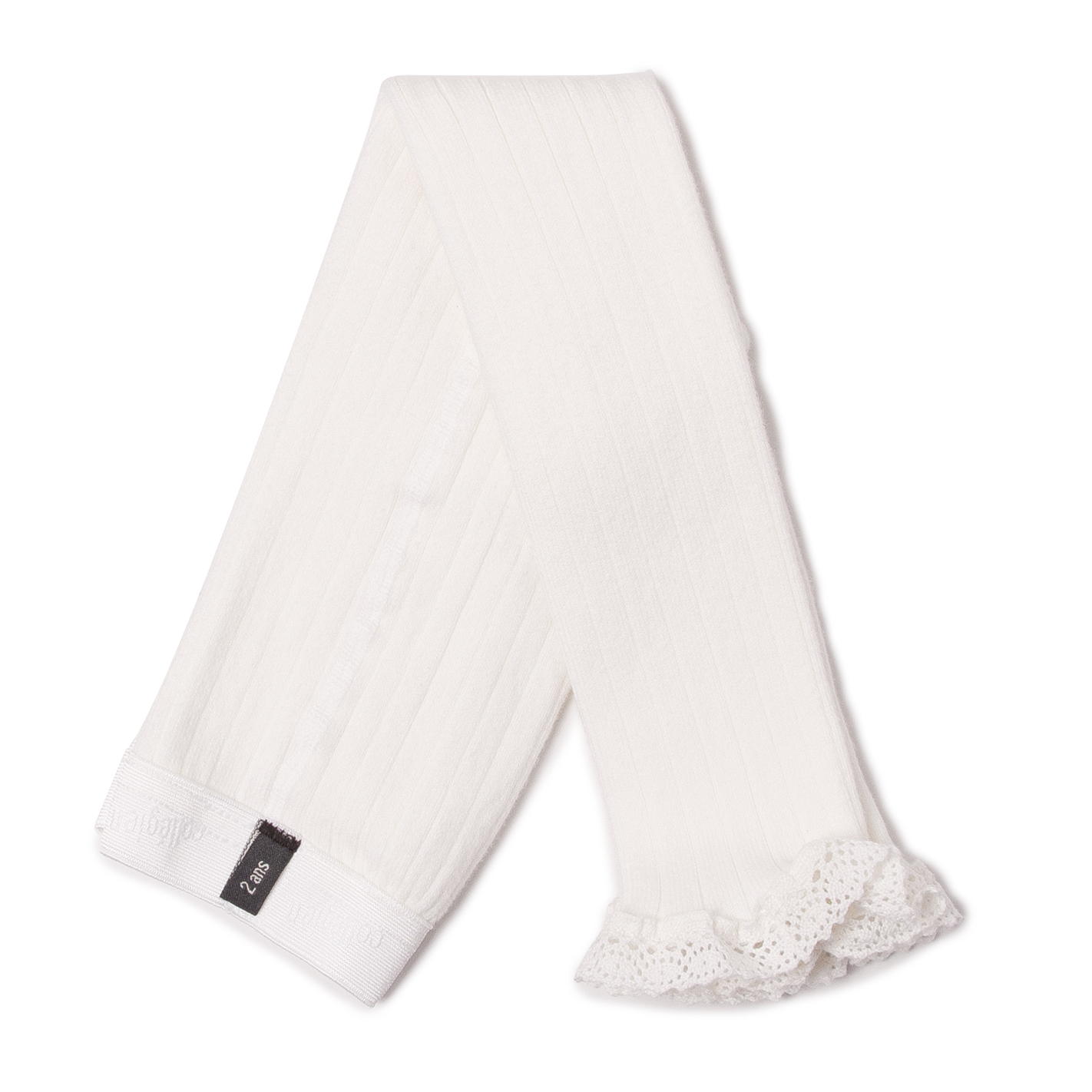 Aliénor - Collants à côtes sans pieds avec dentelle - Blanc Neige