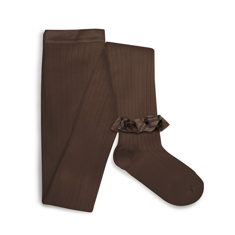 Adelaïde - Collants à côtes avec volant Écossais - Chocolat au lait